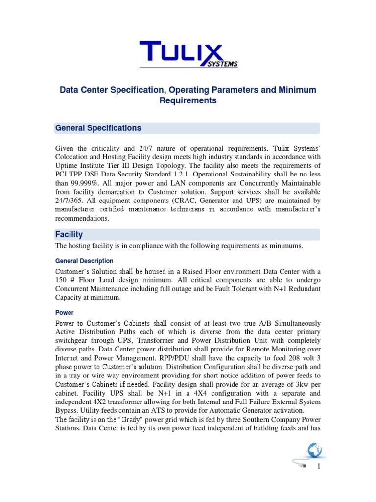Data Center Specification, Operating Parameters and Minimum ...