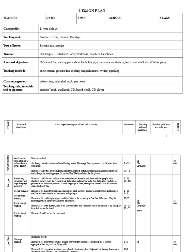 Lesson Plan: Teacher: Date: Time: School: Class | PDF | Lesson Plan ...
