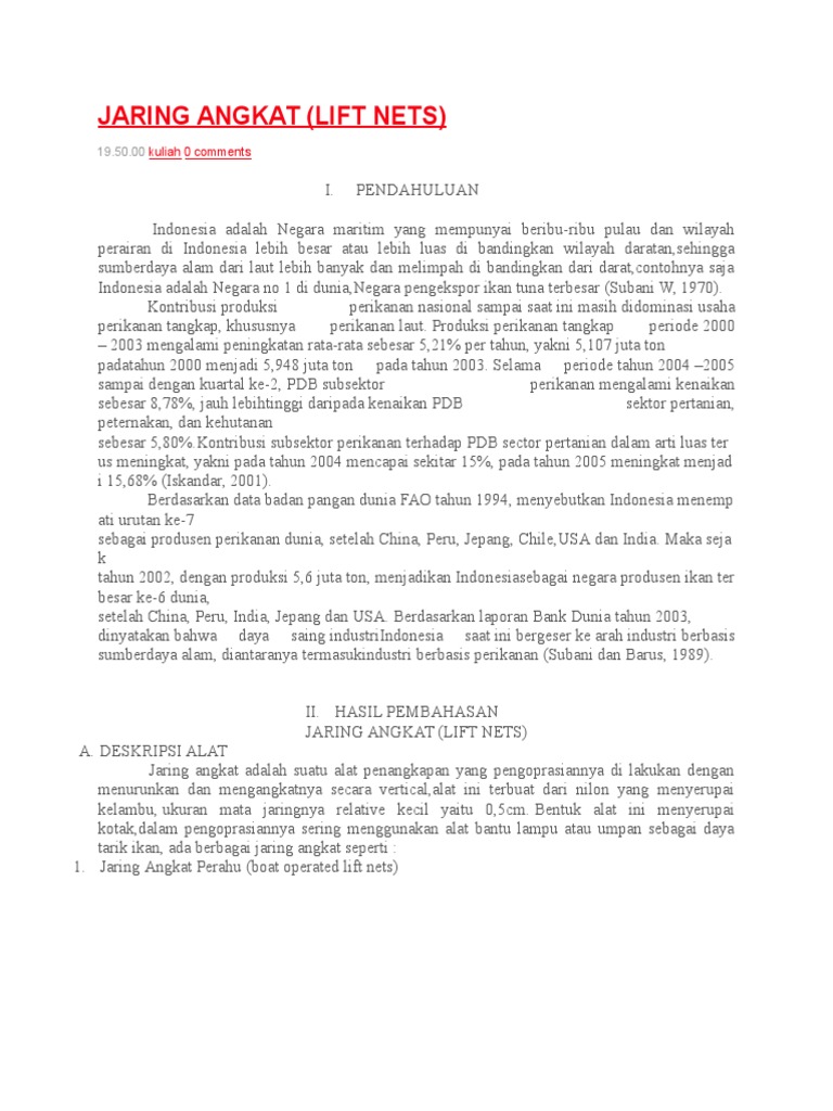 Jaring Angkat: Alat Tangkap Ikan Efektif | PDF