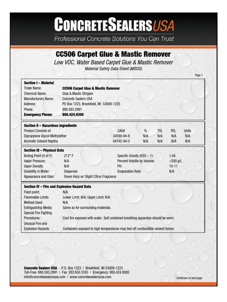 Low VOC, Water Based Carpet Glue & Mastic Remover | PDF | Volatile ...