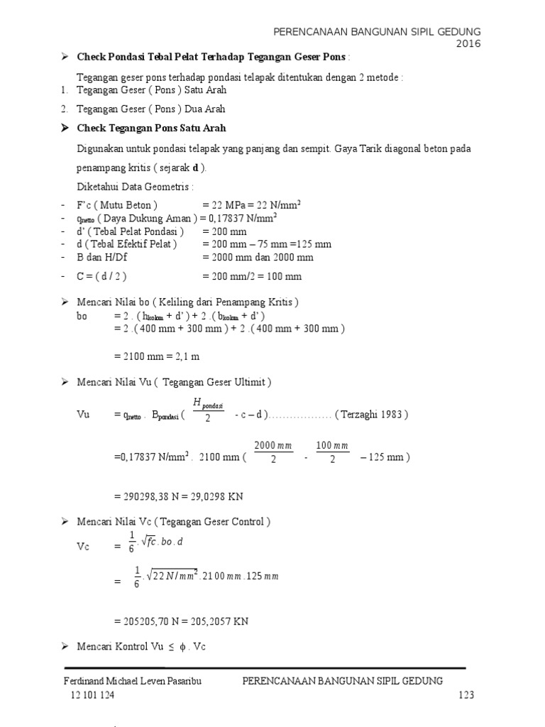 Check Pondasi Tebal Pelat Terhadap Tegangan Geser Pons | PDF