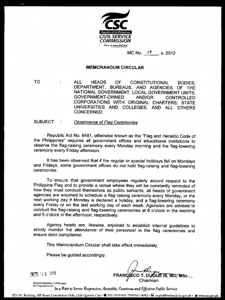 CSC - MC No. 19, S. 2012 - Observance of Flag Ceremonies | PDF