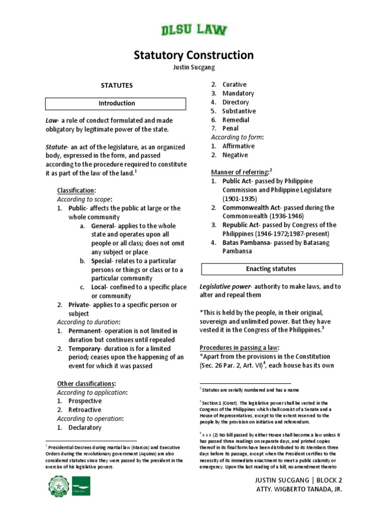 Statutory Construction Reviewer | PDF | Statutory Interpretation | Bill ...