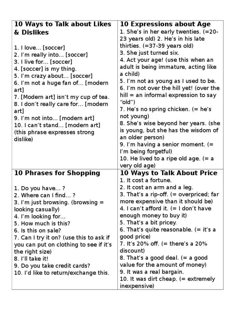 10 Ways To Talk About Likes & Dislikes 10 Expressions About Age | PDF