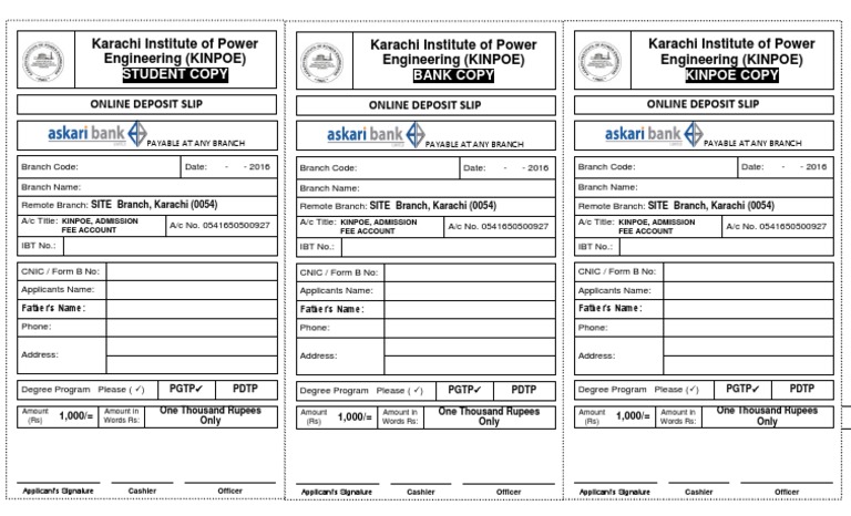 KINPOE Admission Fee Deposit Slip | PDF | Rupee | Money