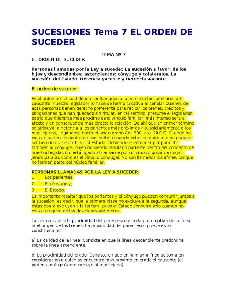 Sucesiones Tema 7 El Orden de Suceder | Herencia | Voluntad y testamento
