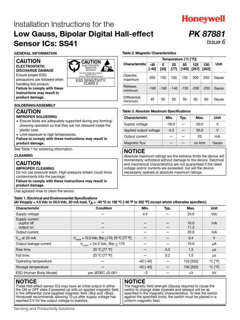 Honeywell Sensing Bipolar Digital Hall Effect Sensor Ic Installation Instructions Ss41 Pk87881 6 ...
