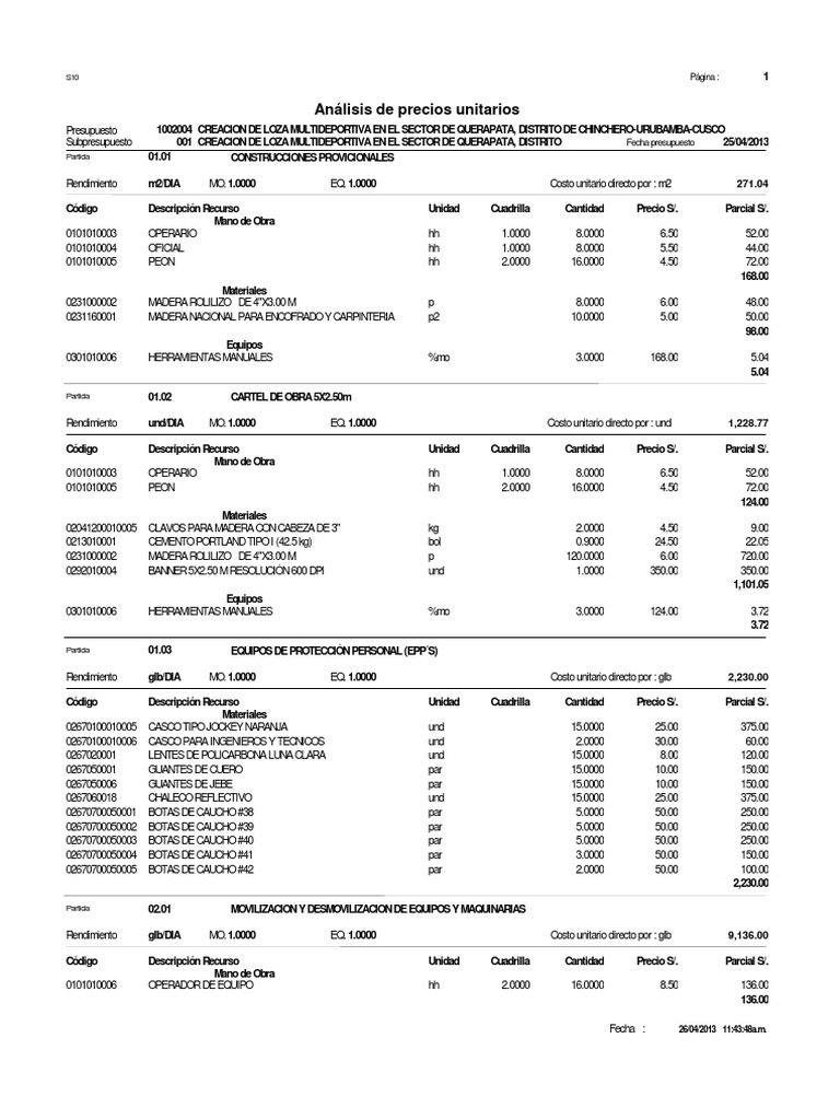Análisis de precios unitarios: Partida