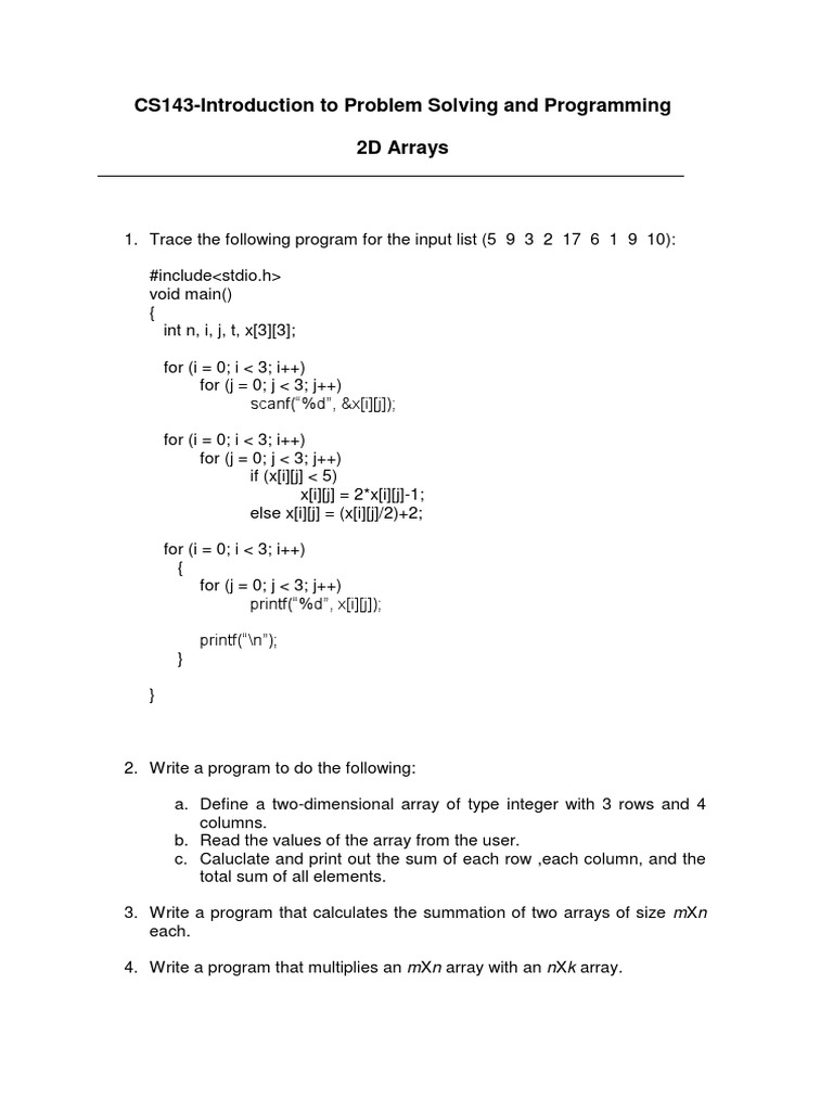 CS143-Introduction To Problem Solving and Programming 2D Arrays | PDF