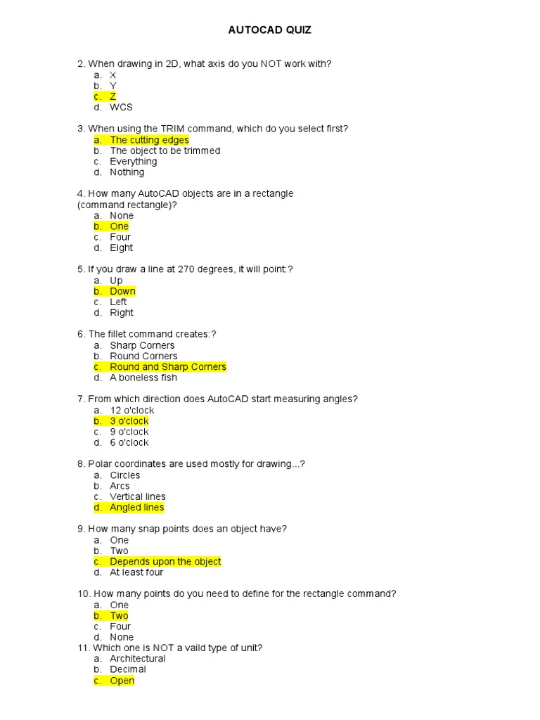 AutoCAD Quiz Questions and Answers | PDF | Teaching Methods & Materials ...