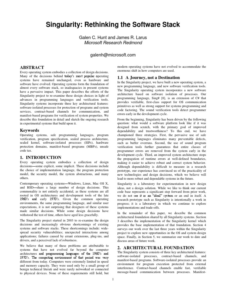 Singularity: Rethinking The Software Stack: 1.1 A Journey, Not A Destination | PDF | Kernel ...
