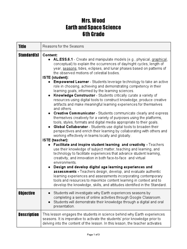 Understanding Earth's Seasons in 6th Grade | PDF | Educational ...