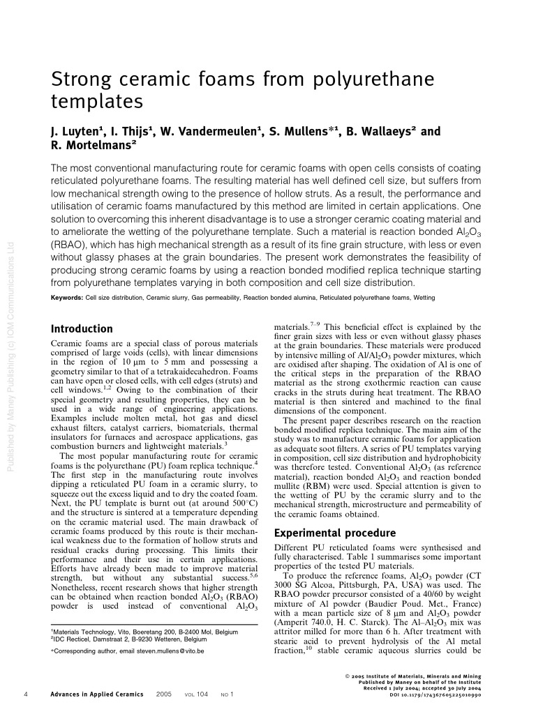 Strong Ceramic Foams from PU Templates | PDF | Ceramics | Foam