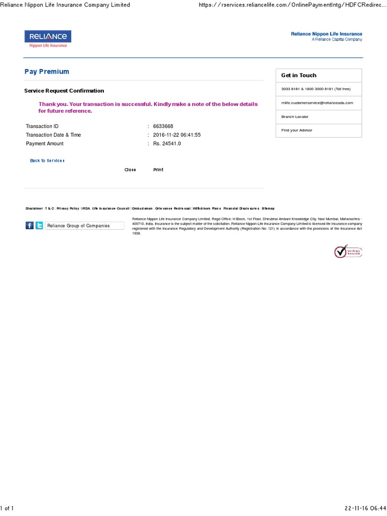 Reliance Nippon Premium Payment Receipt | PDF
