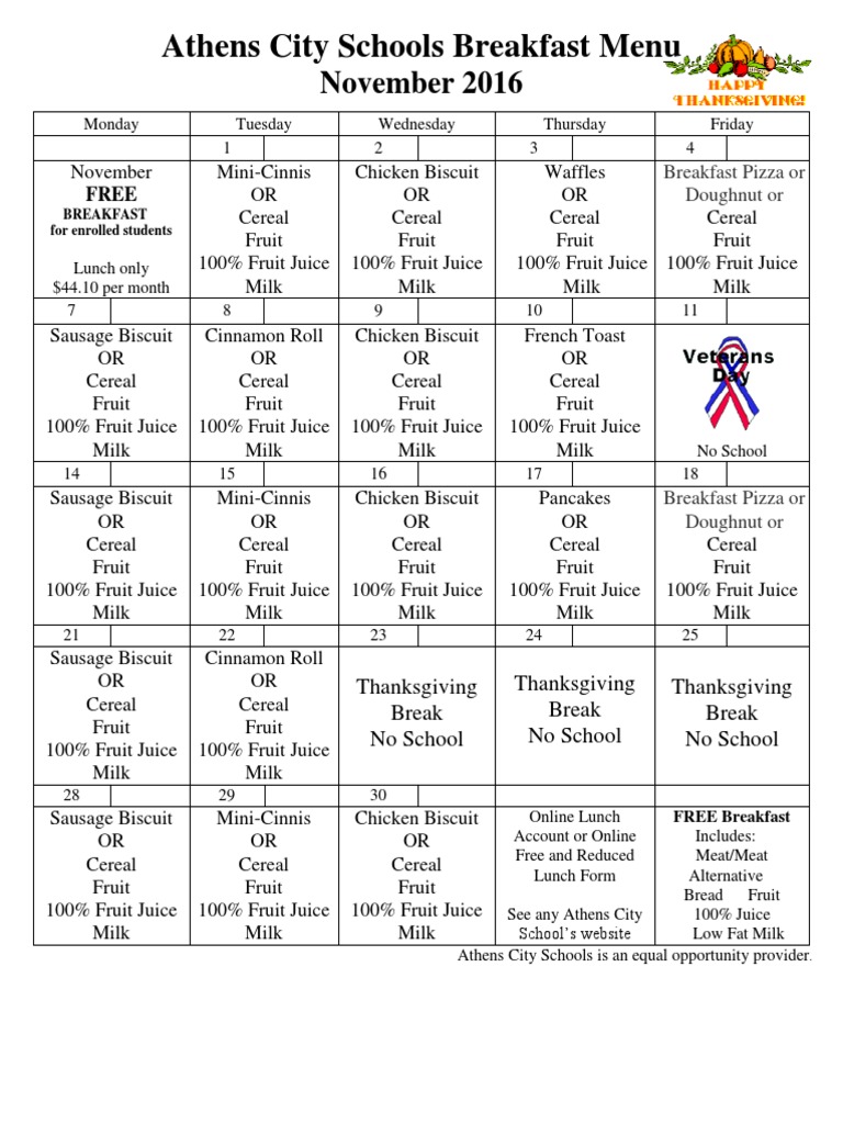 2016 November Ams Ais Menus | PDF | Salad | Coleslaw