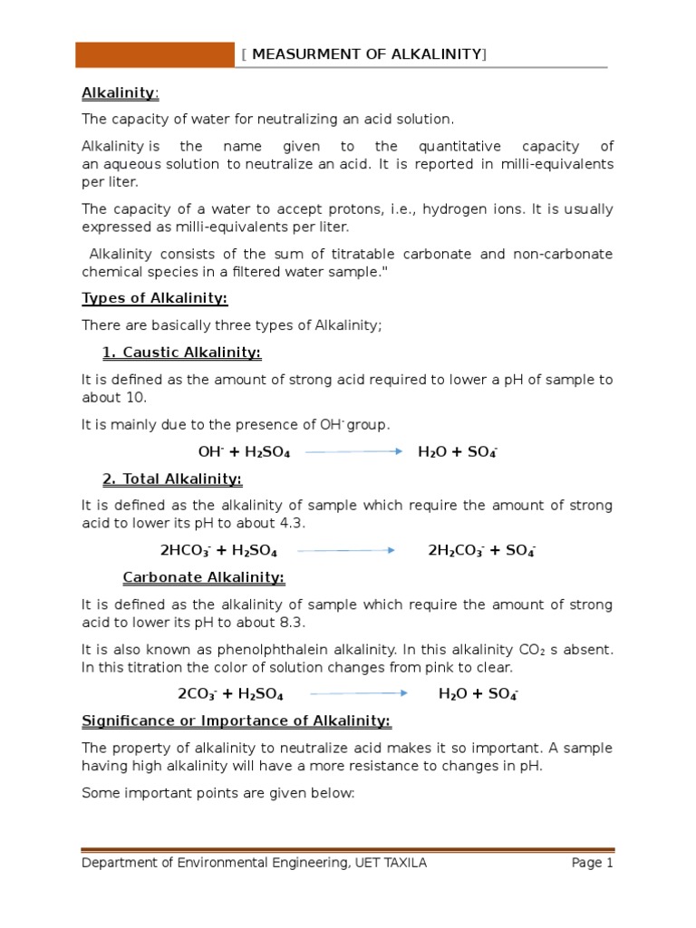 Aqueous Neutralize Acid: Measurment of Alkalinity Alkalinity | PDF | Alkalinity | Ph