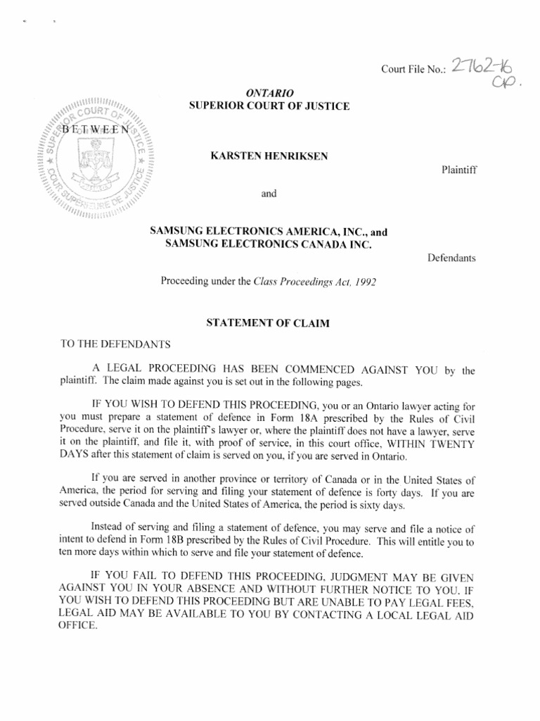 Issued Statement of Claim | PDF | Damages | Negligence