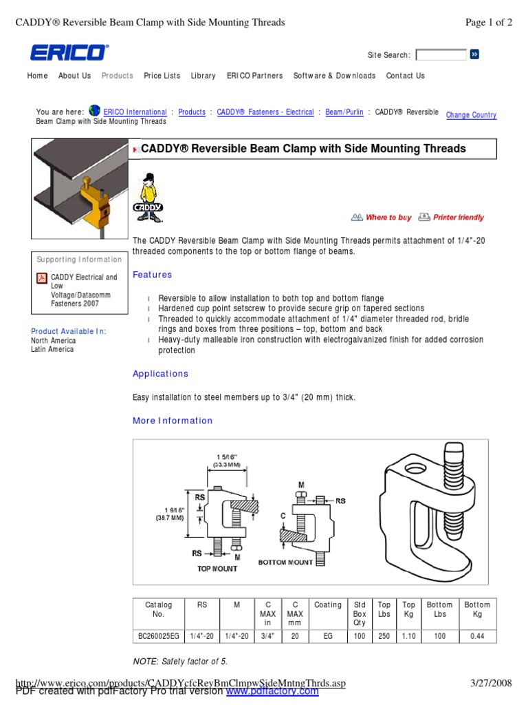 CADDY® Reversible Beam Clamp With Side Mounting Threads | PDF