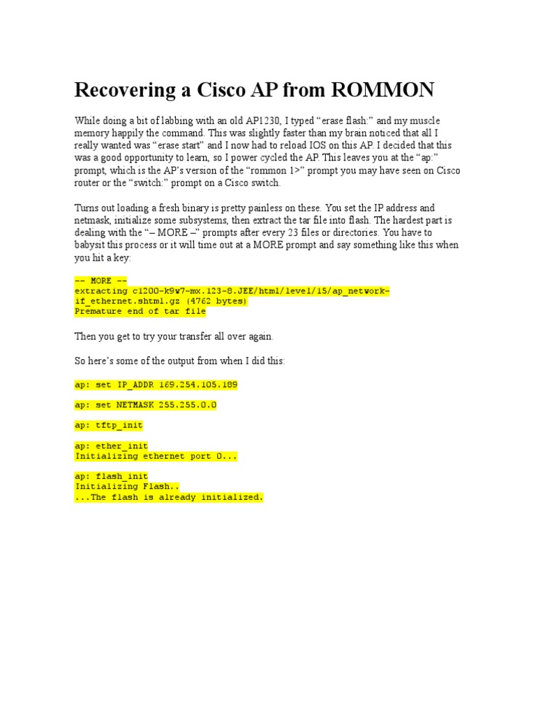 Recovering A Cisco AP From ROMMON | PDF | Booting | Flash Memory Recovering A Cisco AP From ROMMON | PDF | Booting | Flash Memory