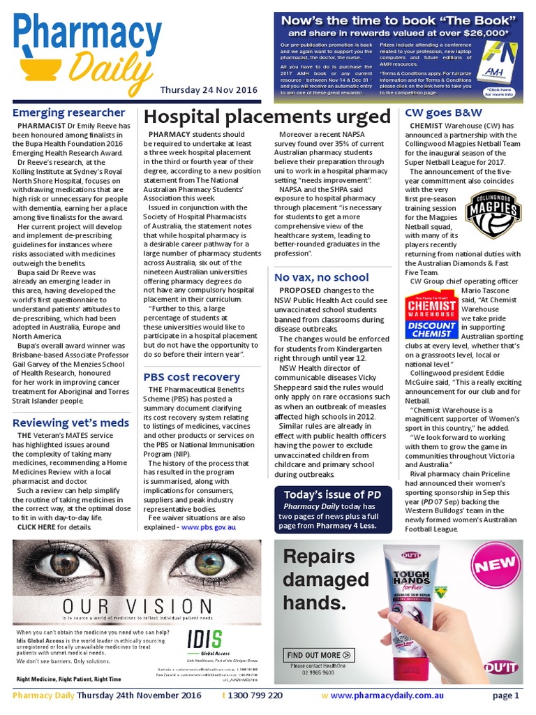 Pharmacy Daily For Thu 24 Nov 2016 - Hospital Placements Urged, Chemist ...
