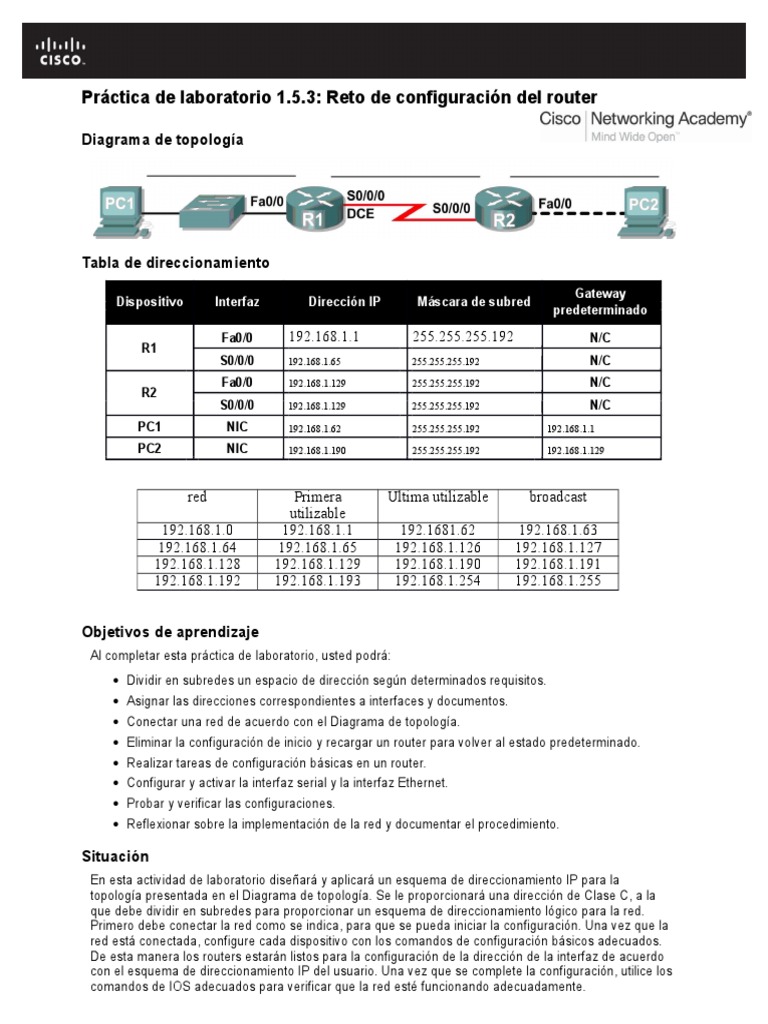 Práctica de Laboratorio 1.5.3: Reto de Configuración Del Router | PDF | Dirección IP | Enrutador ...