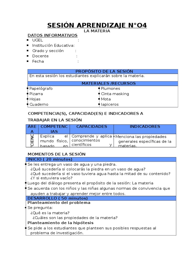 Sesión Aprendizaje La Materia | PDF | Importar | Gases