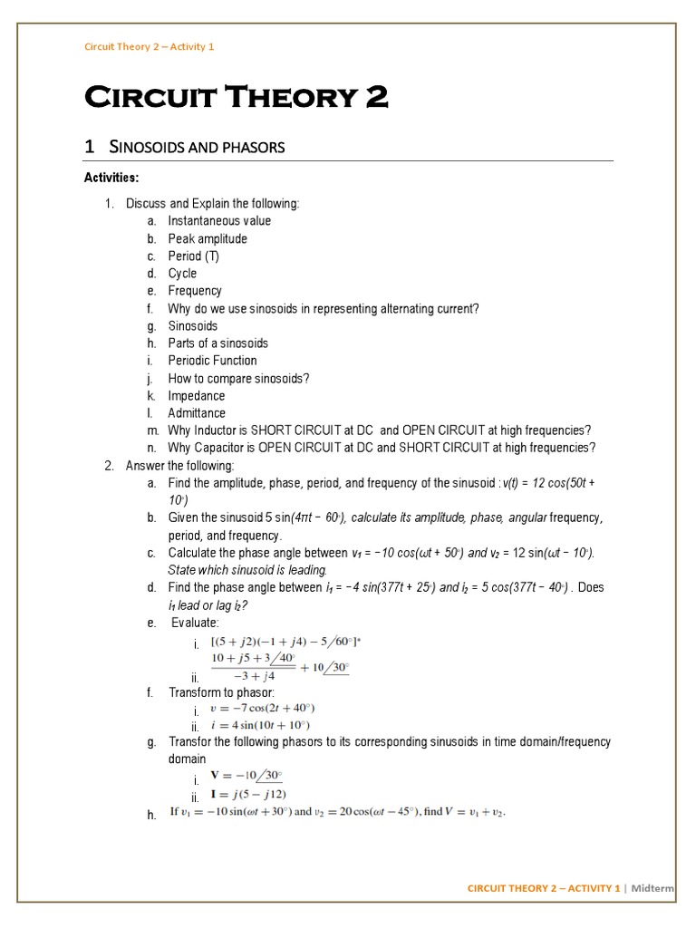 Circuit Theory 2 Activity 1 | PDF | Teaching Methods & Materials ...