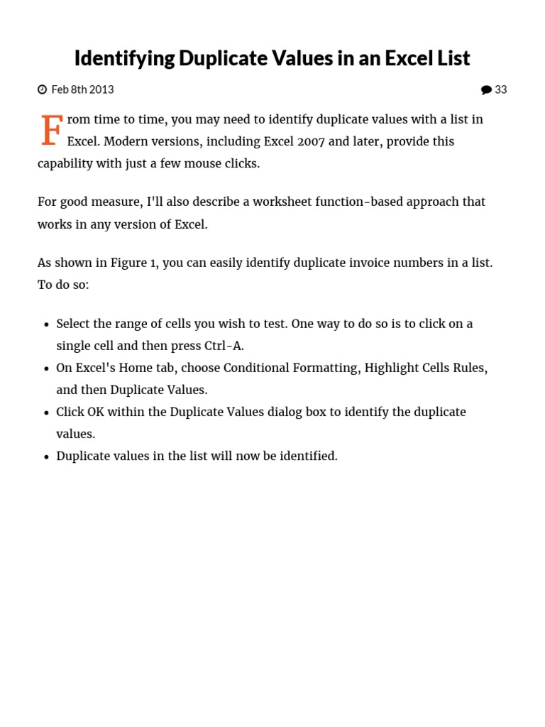 Identifying Duplicate Values in An Excel List | PDF | Microsoft Excel ... Identifying Duplicate Values in An Excel List | PDF | Microsoft Excel ...