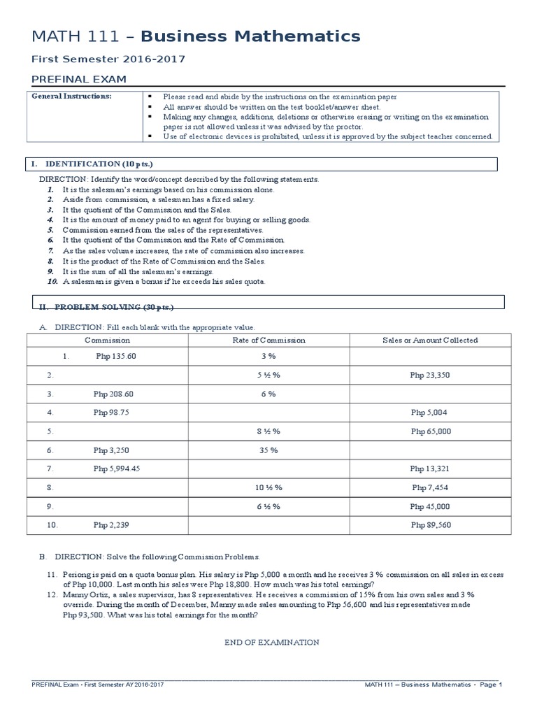 Prefinal Exam 2016 (Business Math) Set B | PDF
