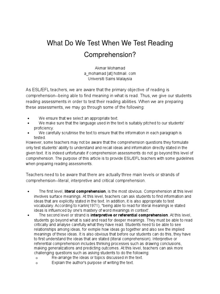 Guidelines for Reading Comprehension Tests | PDF | Reading ...
