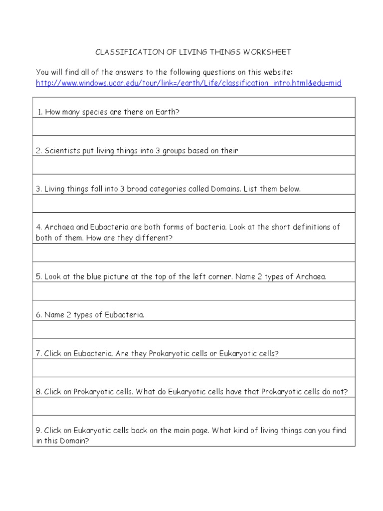 Classification of Living Things Worksheet | PDF | Life | Cell (Biology)