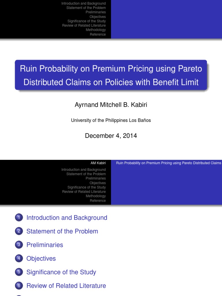 Ruin Probability On Premium Pricing Using Pareto Distributed Claims On ...