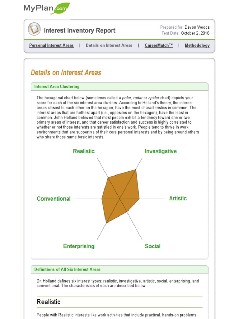 Myplan Com Interest Inventory Report Details On Interest Areas | PDF ...