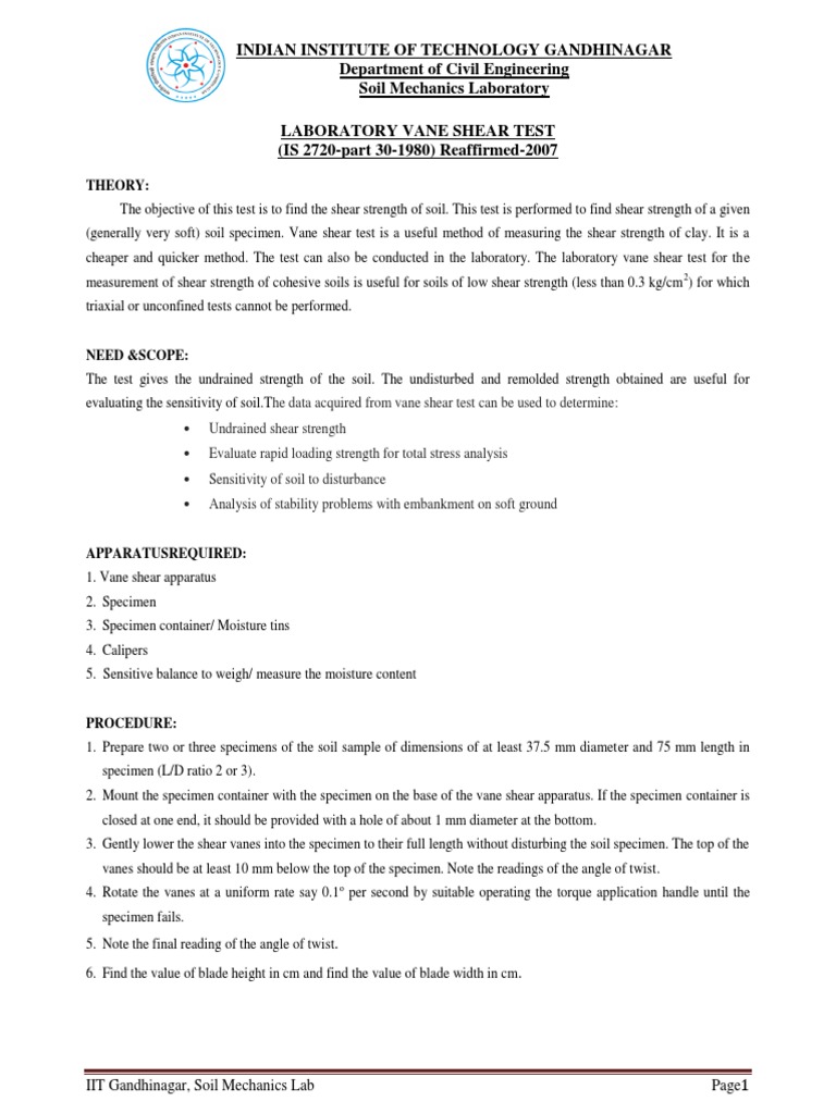 Laboratory Vane Shear Test Guide | PDF | Strength Of Materials | Soil ...