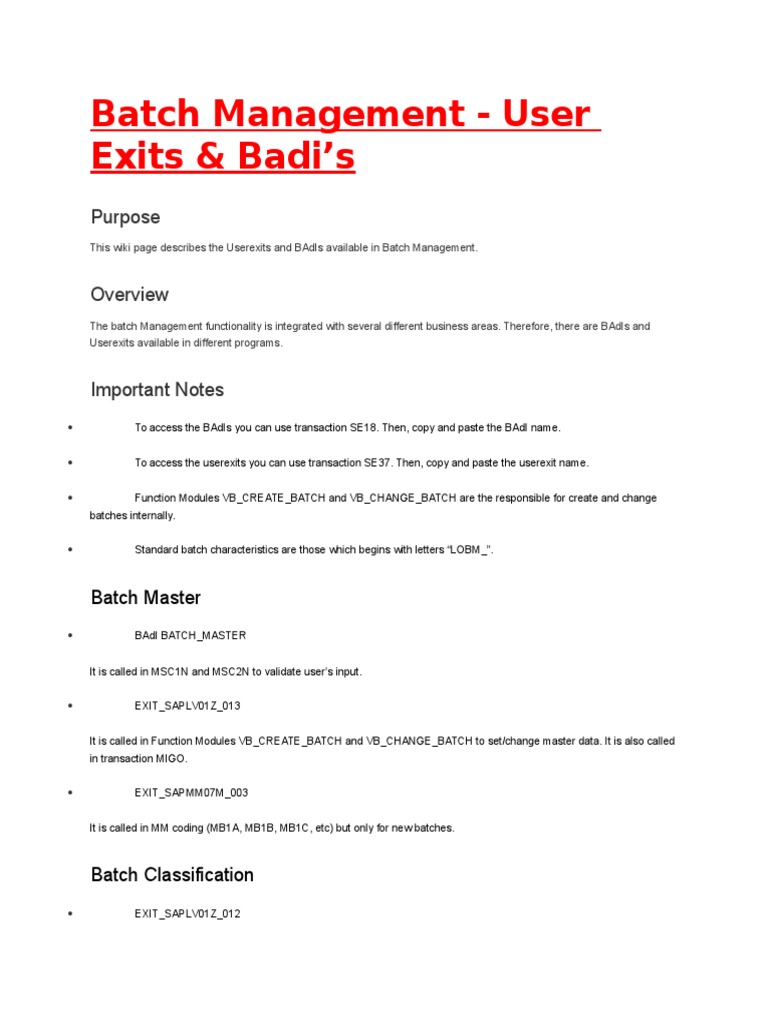 Batch Management - User Exits & Badi's: Purpose | PDF | Computer ...