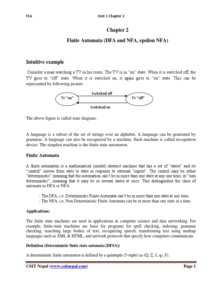 Finite Automata (DFA and NFA, Epsilon NFA) : FSA Unit 1 Chapter 2 | PDF | Theory Of Computation ...