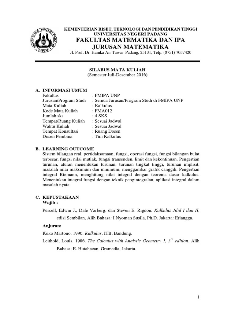 Silabus Kalkulus 2016 | PDF