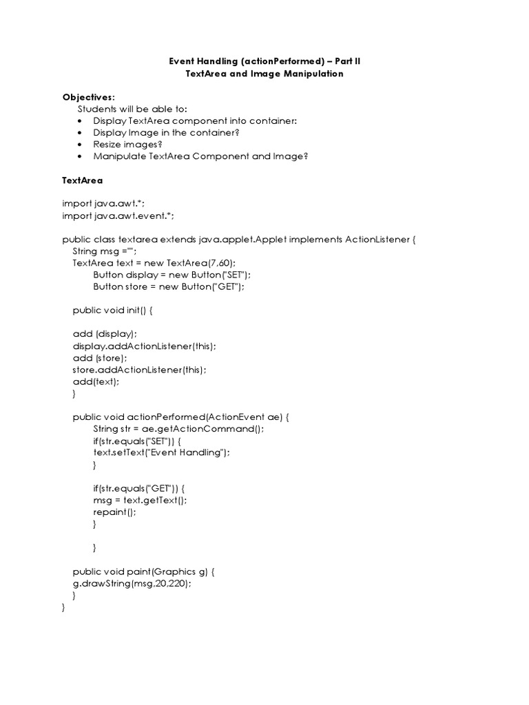 Event Handling (Actionperformed) - Part Ii Textarea and Image Manipulation Objectives | PDF