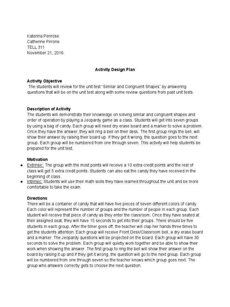 Activity Design Plan Activity Objective The Students Will Review For ...