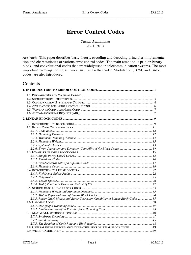 Error Control Codes: Tarmo Anttalainen | PDF | Forward Error Correction | Error Detection And ...