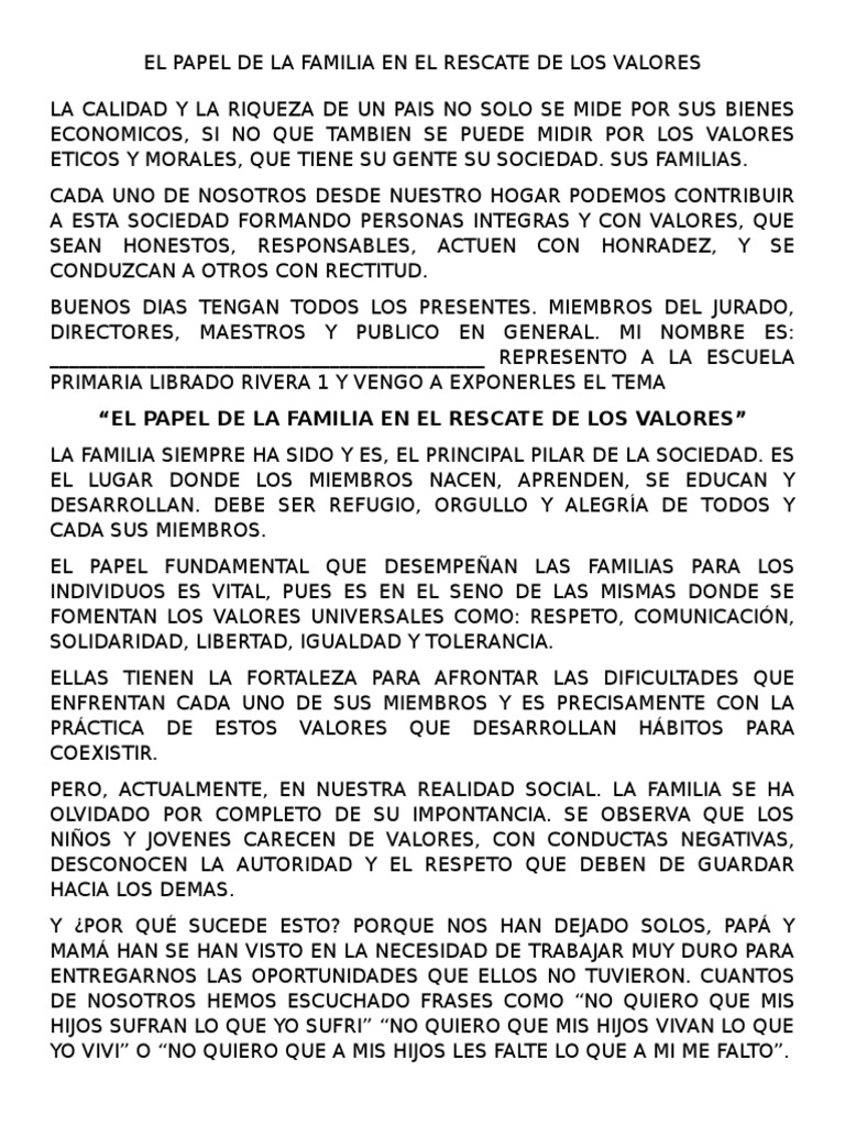 Discurso de Oratoria EL PAPEL DE LA FAMILIA EN EL RESCATE DE LOS VALORES | PDF | Amor | Religión ...