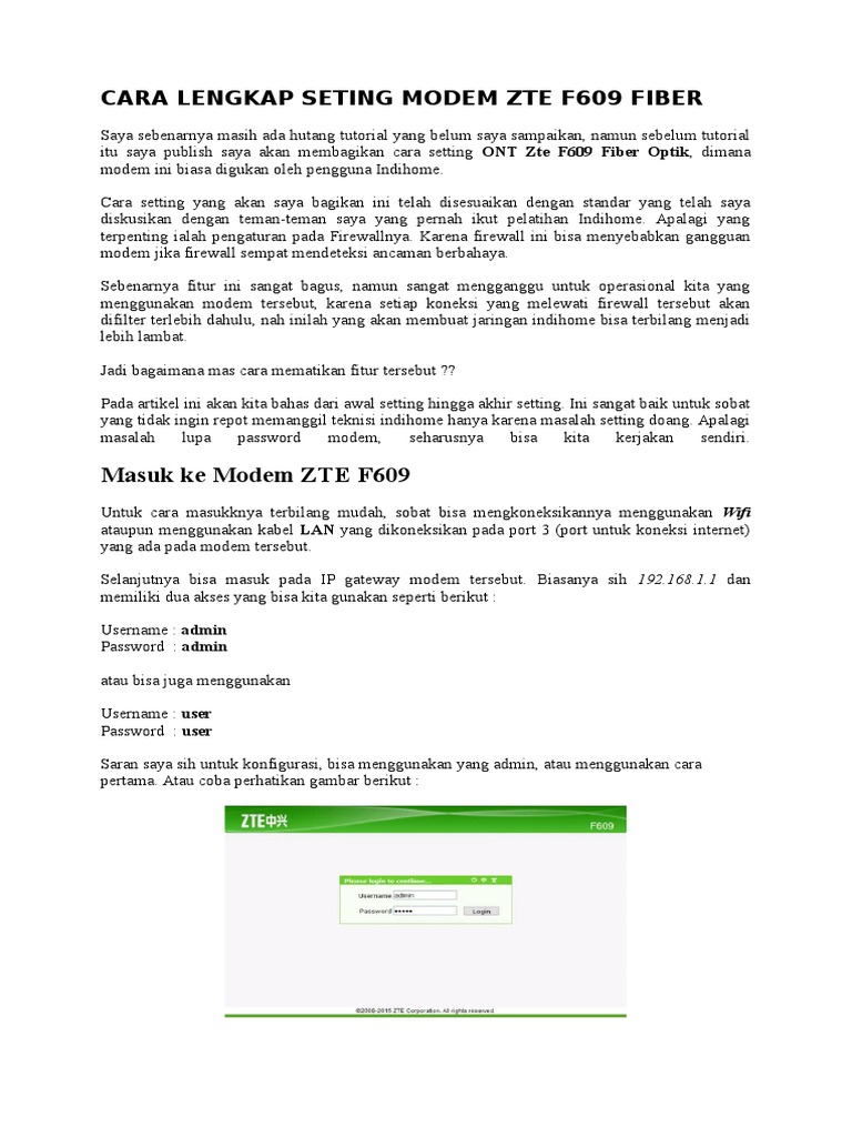 Cara Lengkap Seting Modem Zte f609 Fiber | PDF