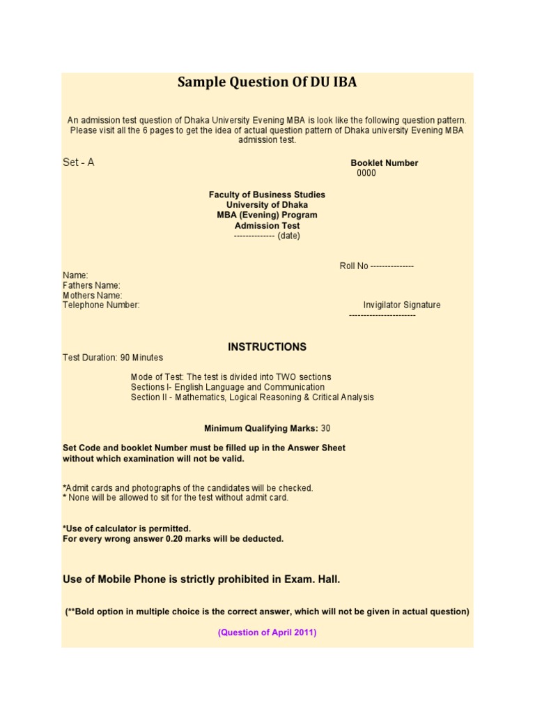 Sample Question of DU IBA 2014 | Download Free PDF | Diaper | Money
