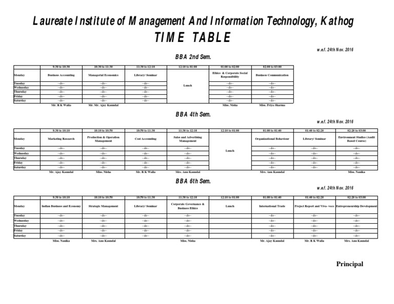 Time Table: Laureate Institute of Management and Information Technology ...