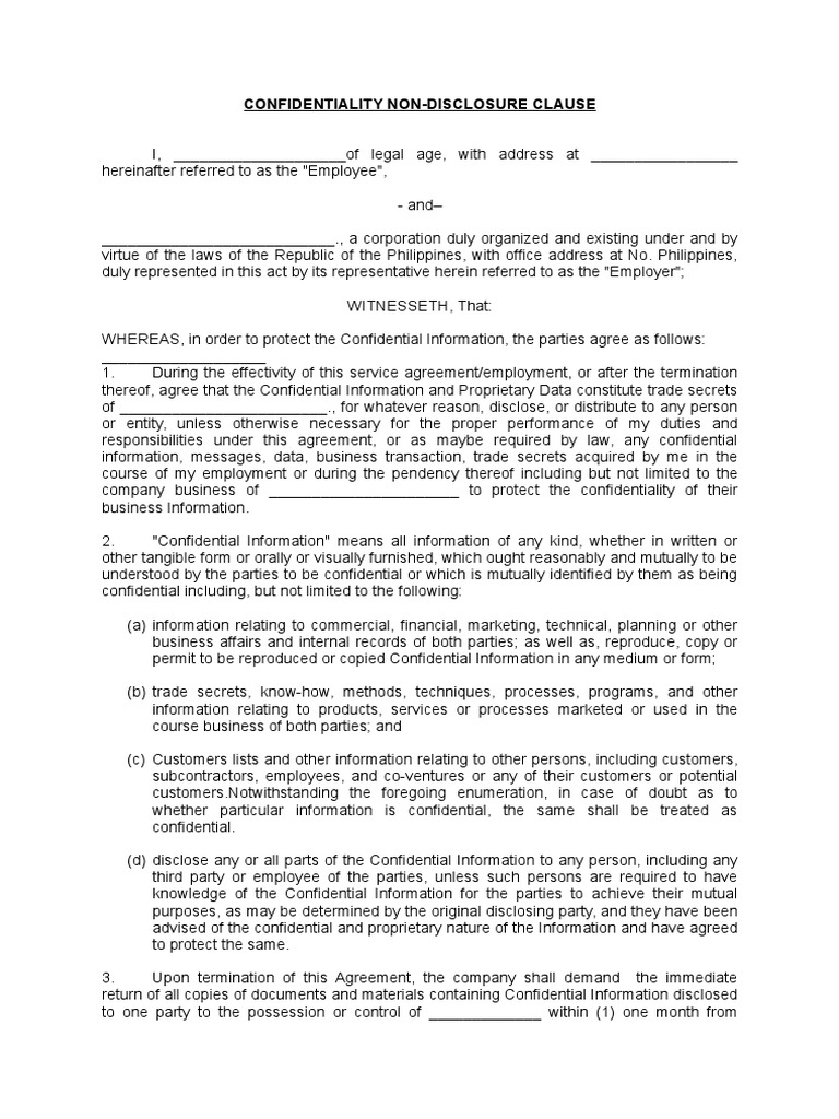 Confidentiality Non-Disclosure Clause Form | Non Disclosure Agreement ...