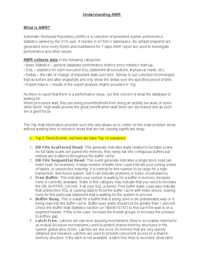 Understanding AWR What Is AWR? | PDF | Cache (Computing) | Oracle Database