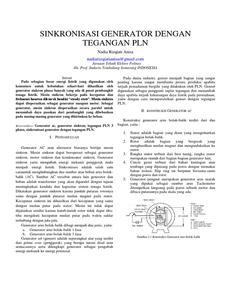Makalah Sinkronisasi Generator Pada Tegangan PLN Nadia Listrik 2A | PDF ...