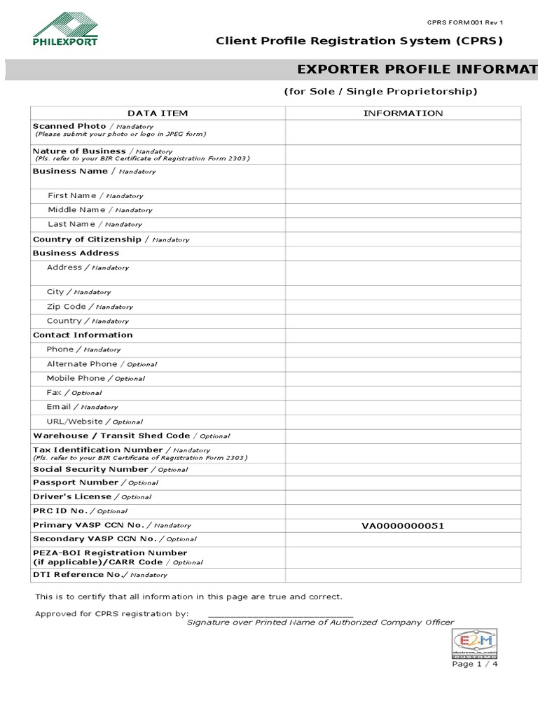 CPRS Exporter Profile Registration Form | PDF | Notary Public | Government