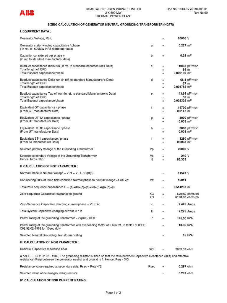 NGT Sizing Calculations for Power Plant | PDF | Capacitor | Resistor