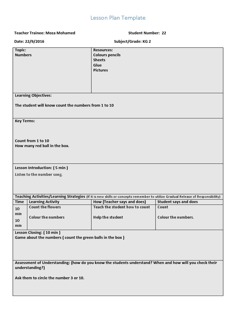 KG 2 Numbers Lesson Plan Template | PDF | Career & Growth | Art